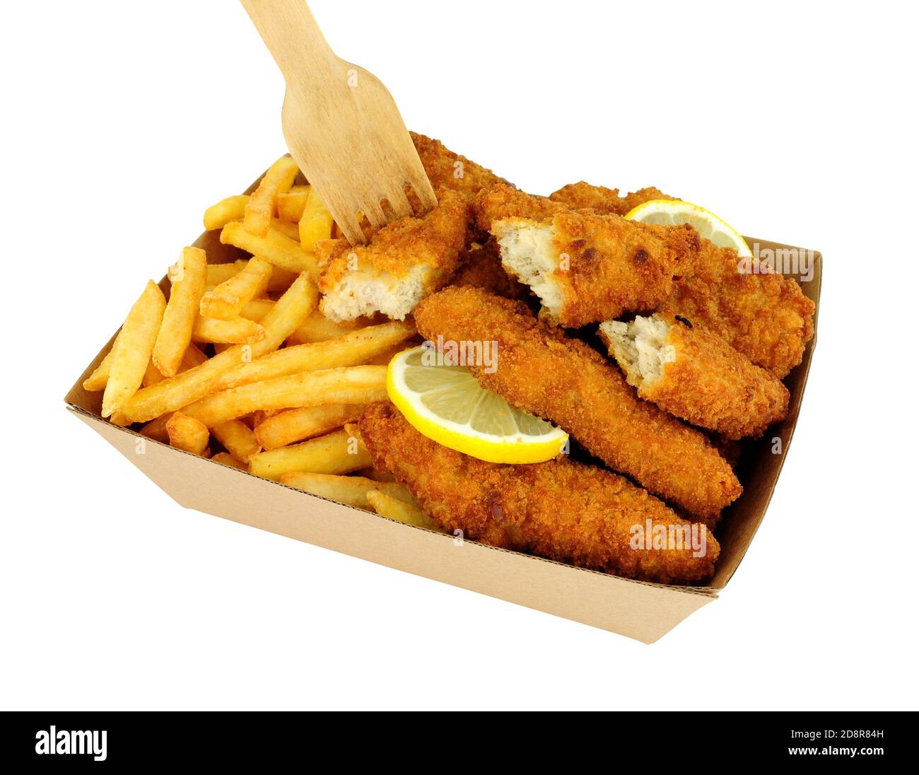 Mini-filets de poulet et frites recouverts de chapelure dans un plateau ...