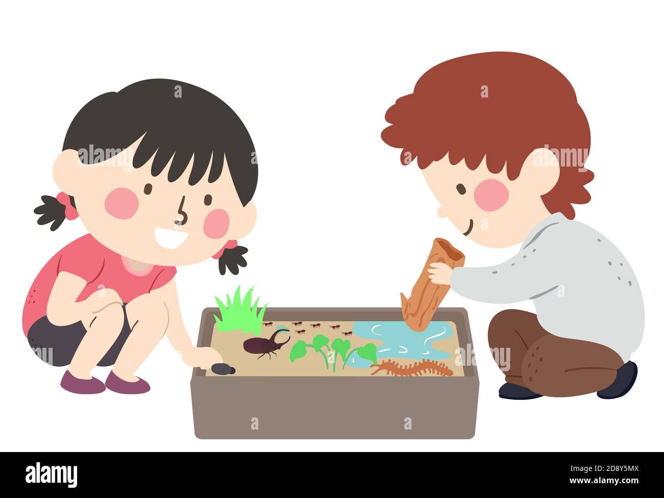 Illustration des enfants jouant avec un bac sensoriel avec des insectes ...