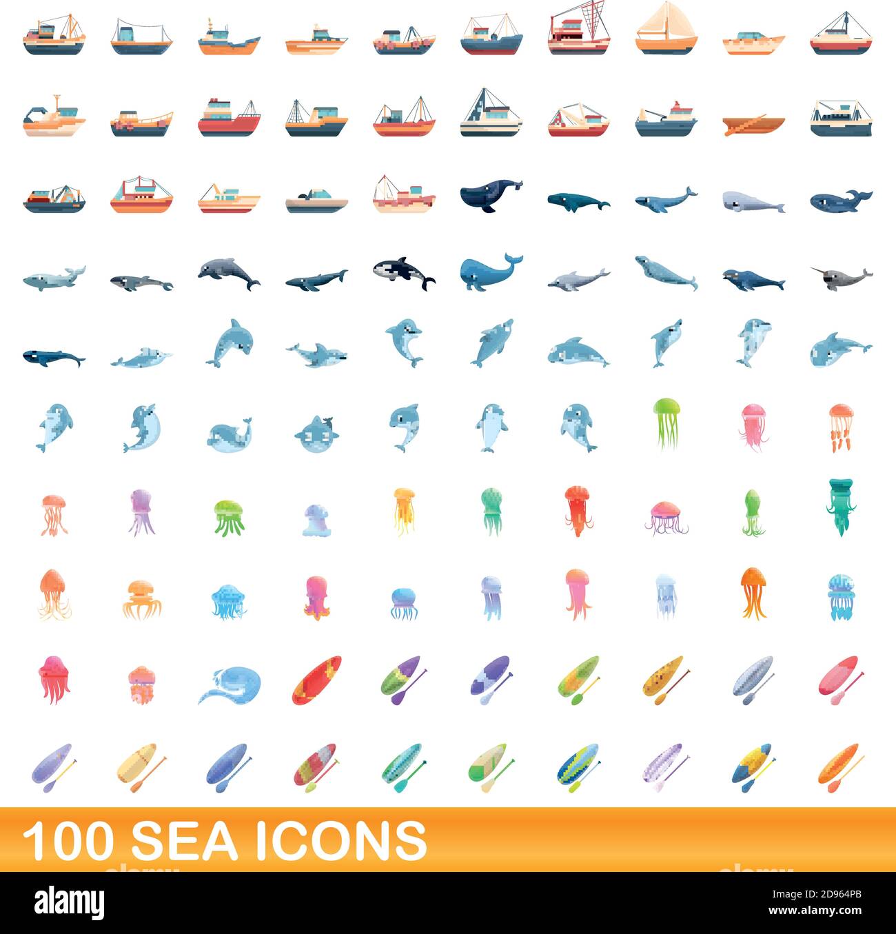 100 icônes de mer définies. Illustration de dessin animé de 100 icônes ...