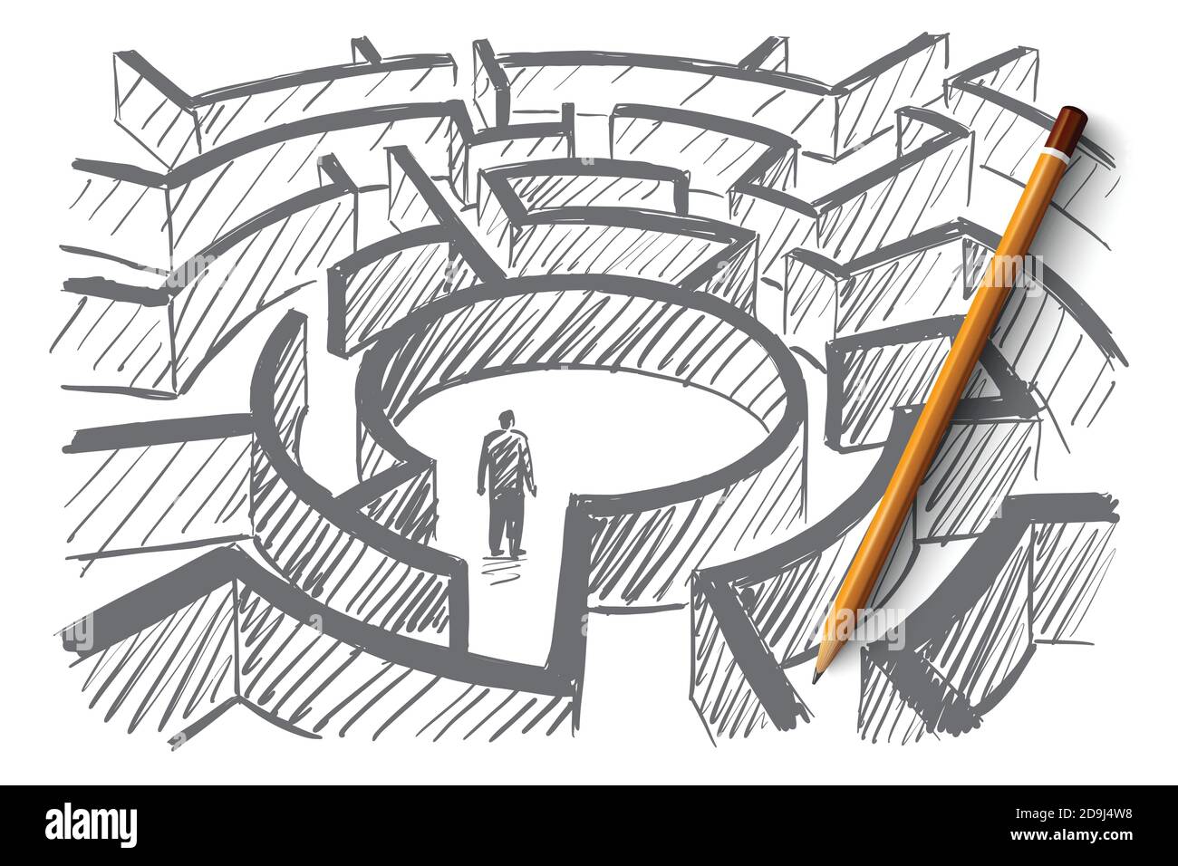 Concept de labyrinthe vectoriel dessiné à la main avec un homme debout ...