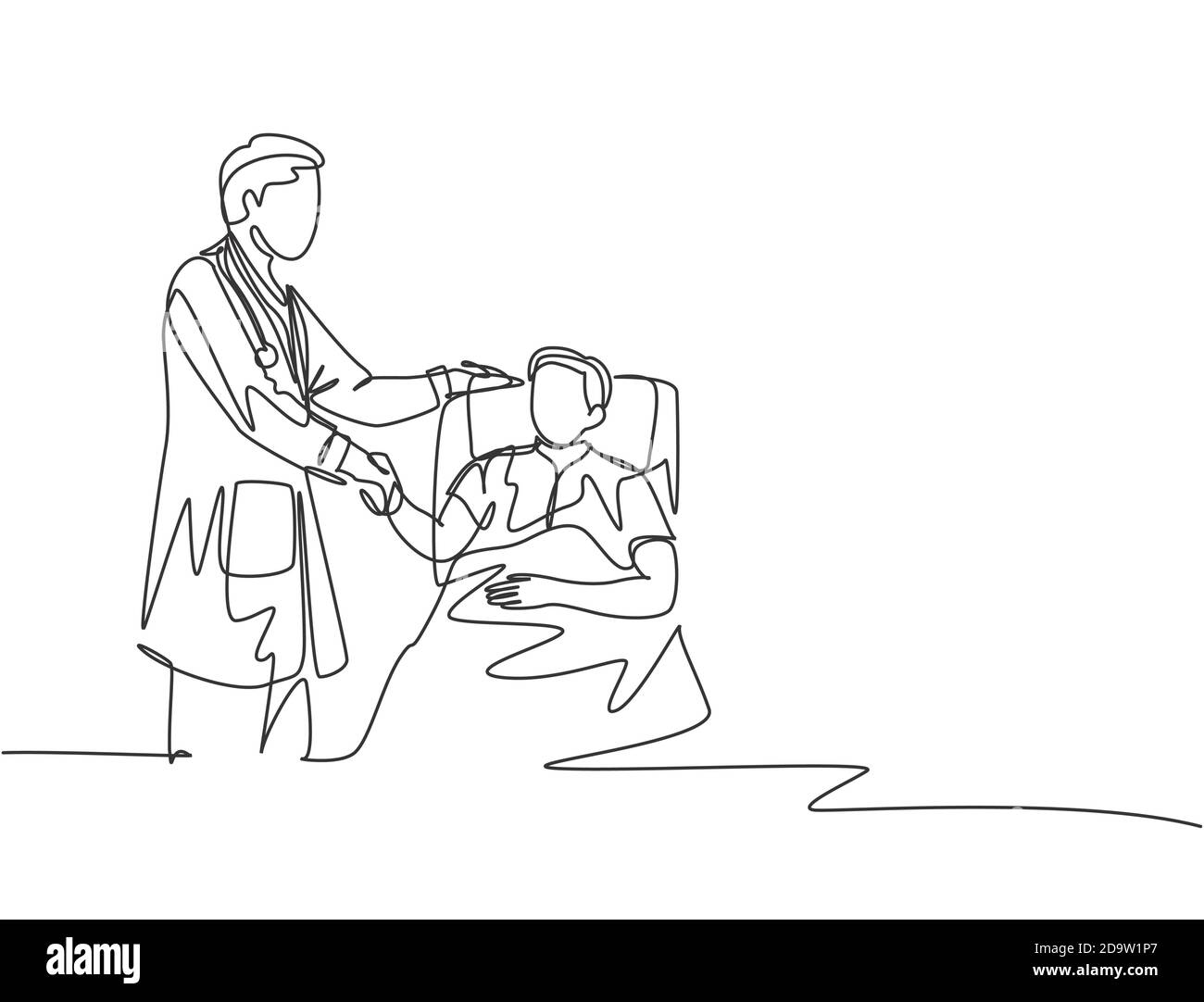 Dessin en ligne continue du jeune médecin visite un patient posé au lit ...