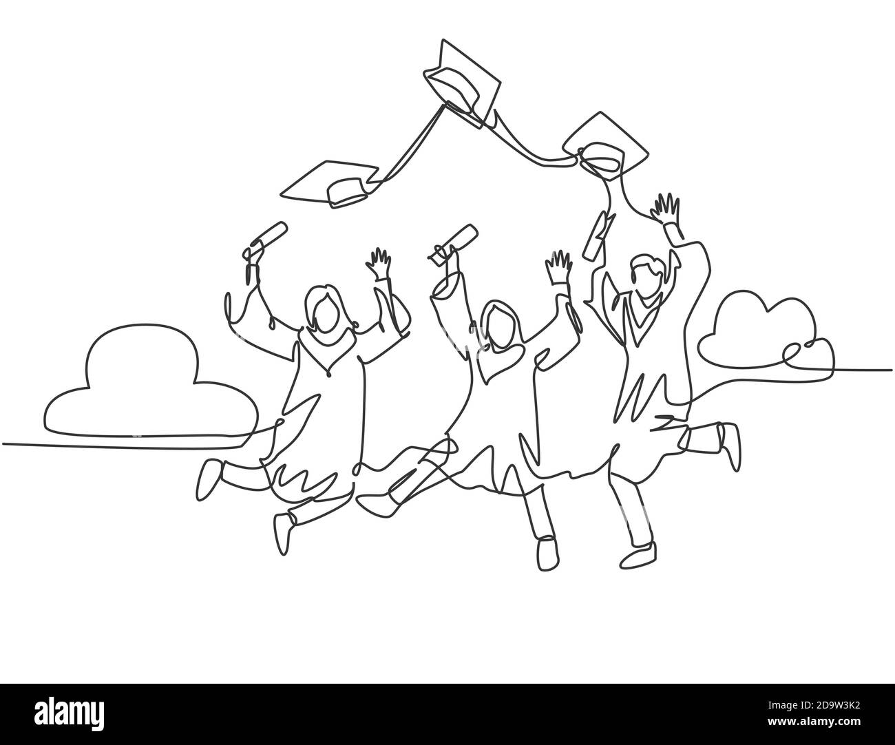 Un groupe de dessin de ligne de jeunes heureux diplômé homme et femme ...