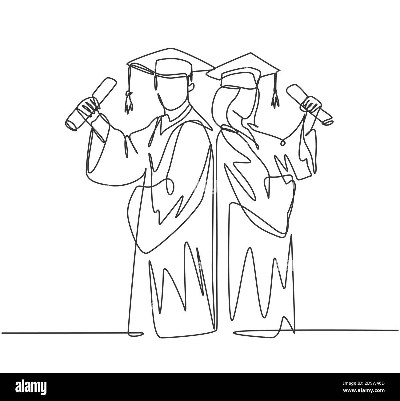 Un dessin continu jeune couple heureux étudiant diplômé de l'université ...