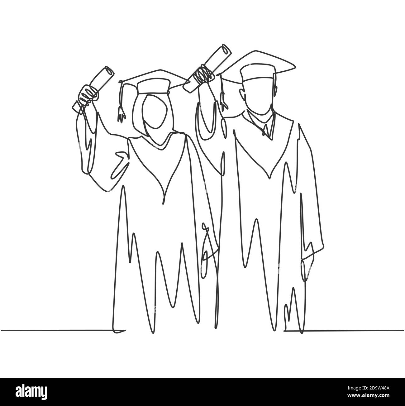 Un dessin continu de jeune étudiant heureux d'université de couple fier ...
