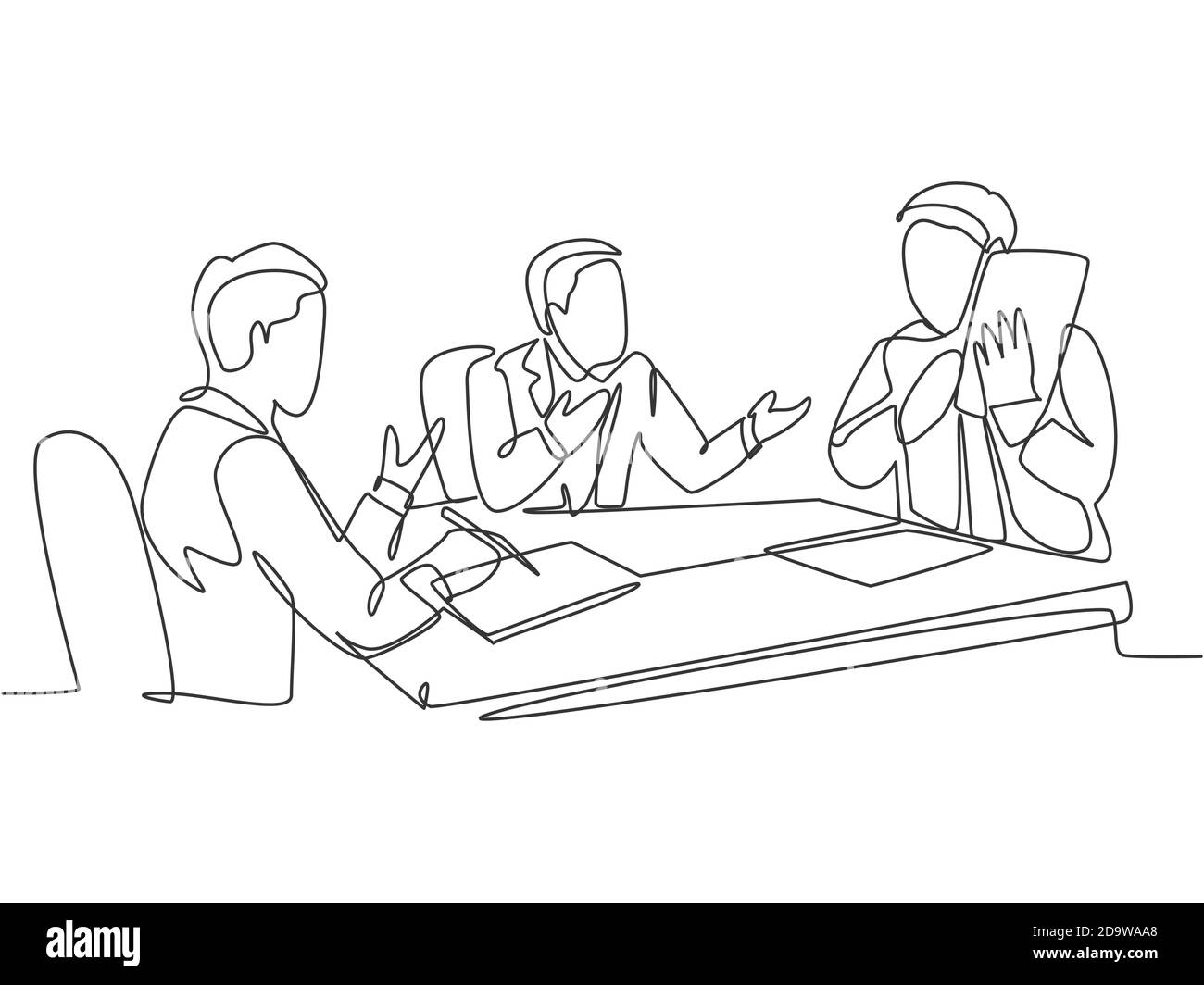 Dessin continu unique de jeunes hommes d'affaires heureux discutant ...