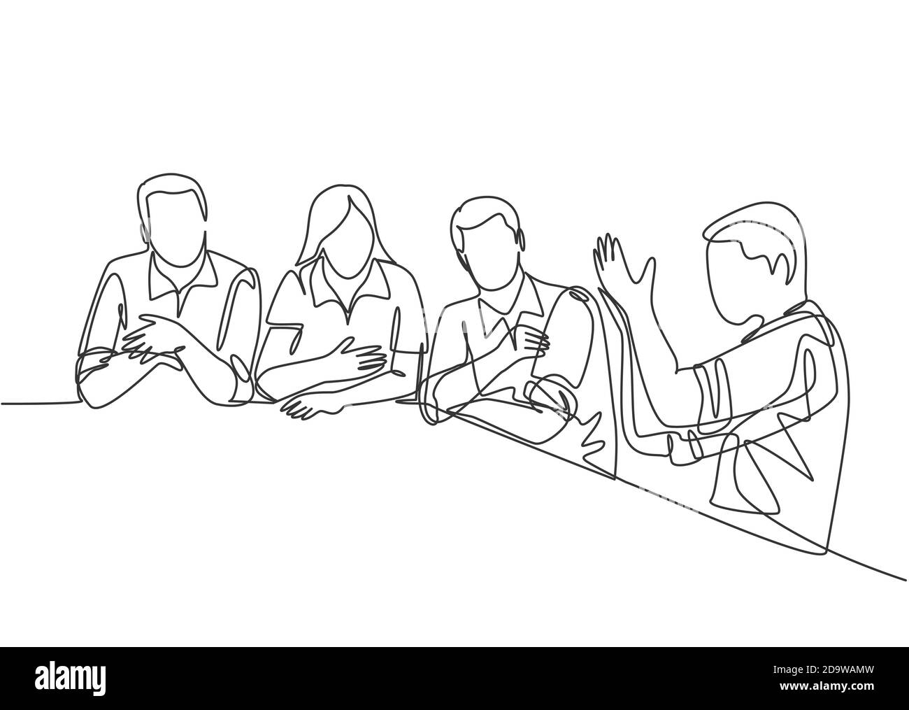 Un seul dessin de jeunes travailleurs masculins et féminins discute du ...