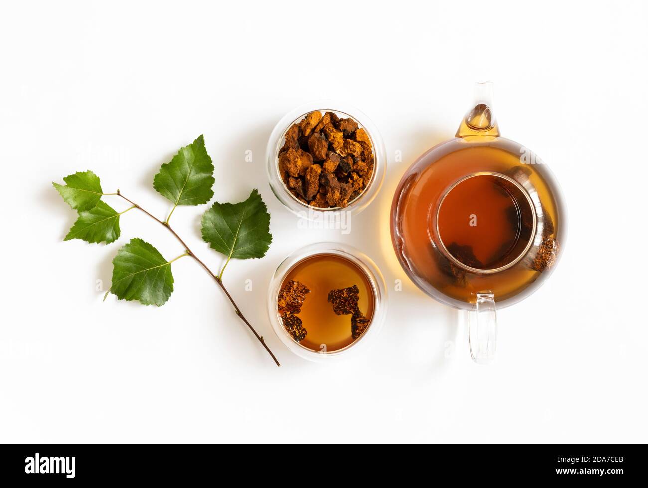 Infusion avec champignon chaga isolé sur fond blanc. Boisson avec ...