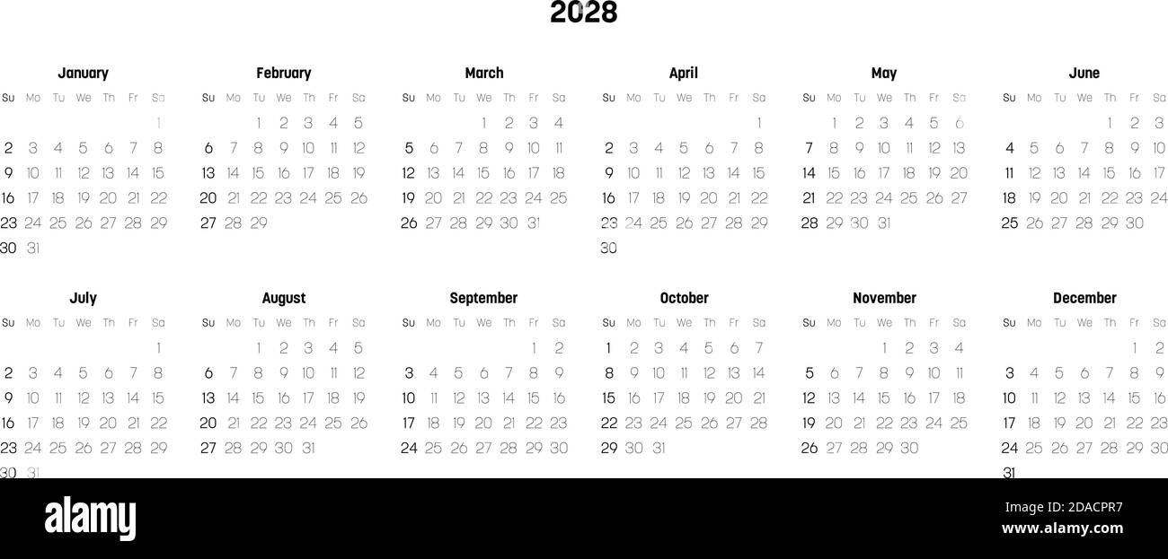 Calendrier mensuel de l'année 2028. La semaine commence le dimanche ...