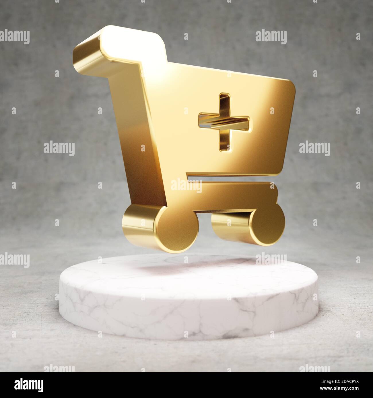 Icône du panier. Symbole Panier brillant or sur podium en marbre blanc ...