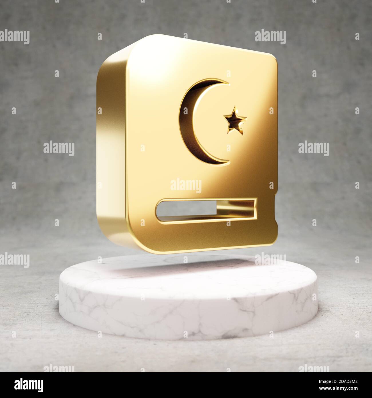 Icône Quran. Symbole Quran brillant or sur podium en marbre blanc ...