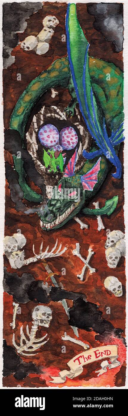 Dessin de dragon à côté du cub allongé sur le sol plein d'os humains et ...