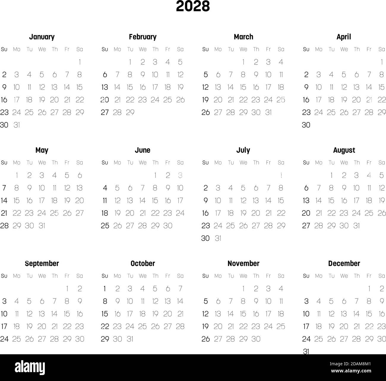 Calendrier mensuel de l'année 2028. La semaine commence le dimanche ...