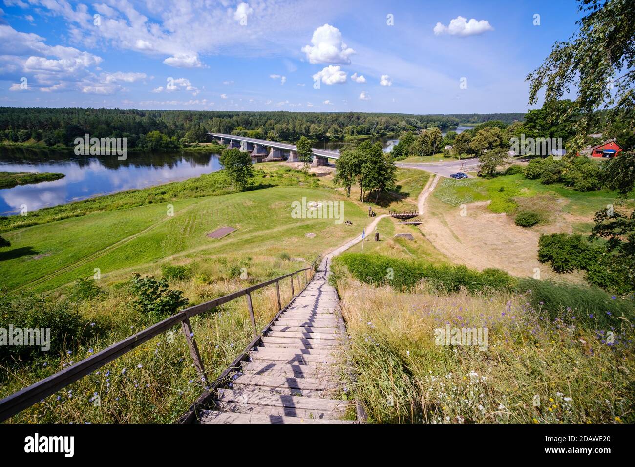 sentier de promenade en bois dans la forêt verte d'automne avec ...