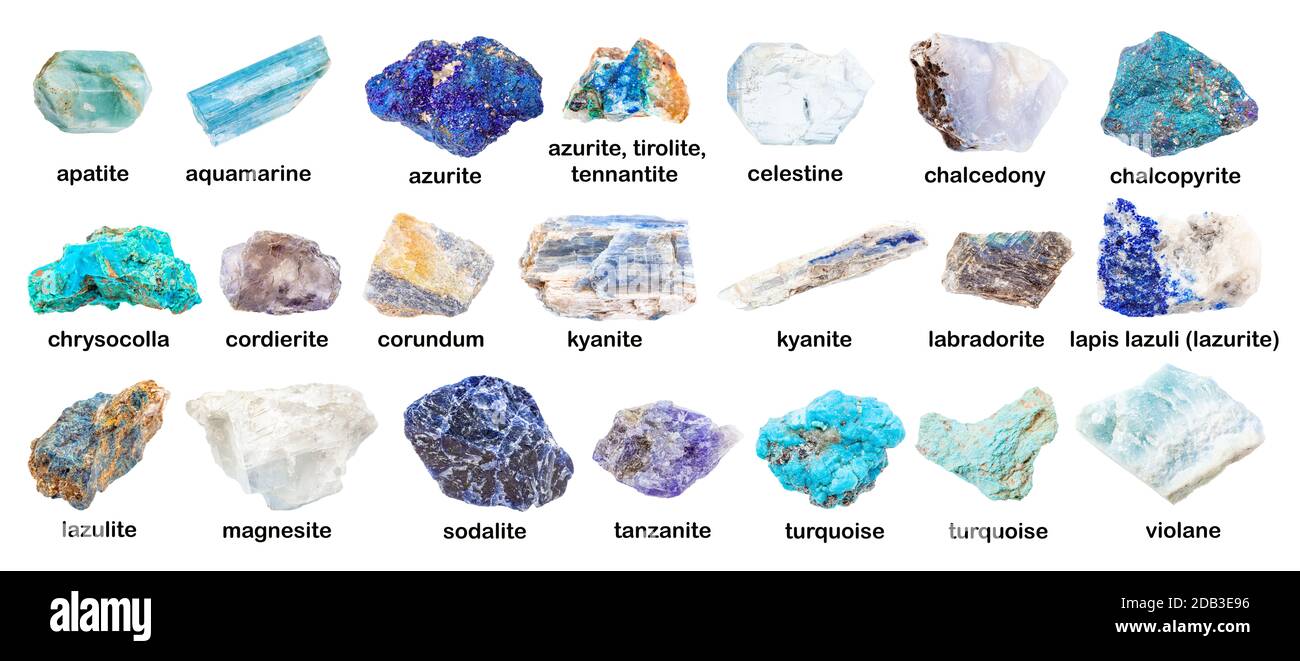 ensemble de diverses pierres bleues non polies avec des noms (corindon ...