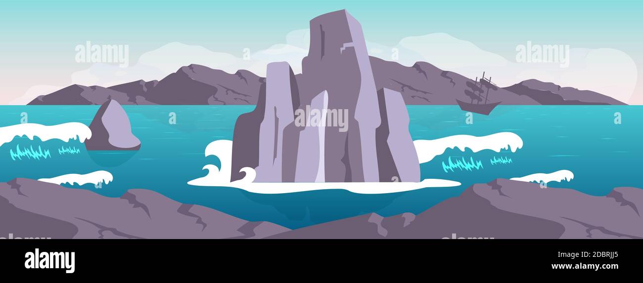 Illustration vectorielle de couleur plate Seascape. Bateau naviguant en ...