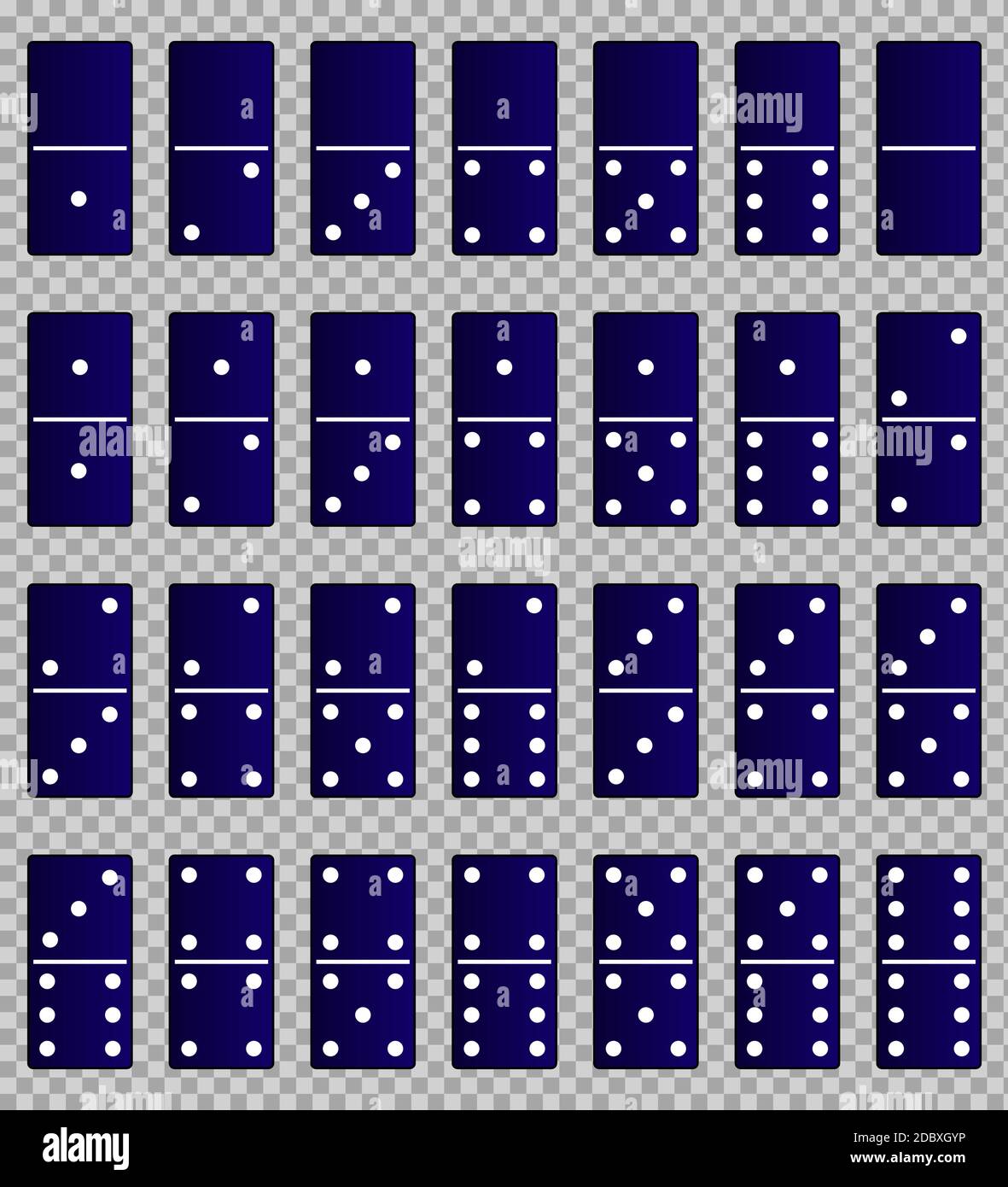 Jeu complet de dominos réalistes de couleur bleue, isolés sur fond ...