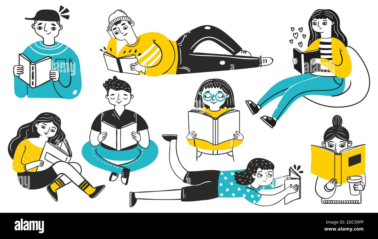 Les gens qui lisent des livres. Jeunes femmes et hommes en poses ...