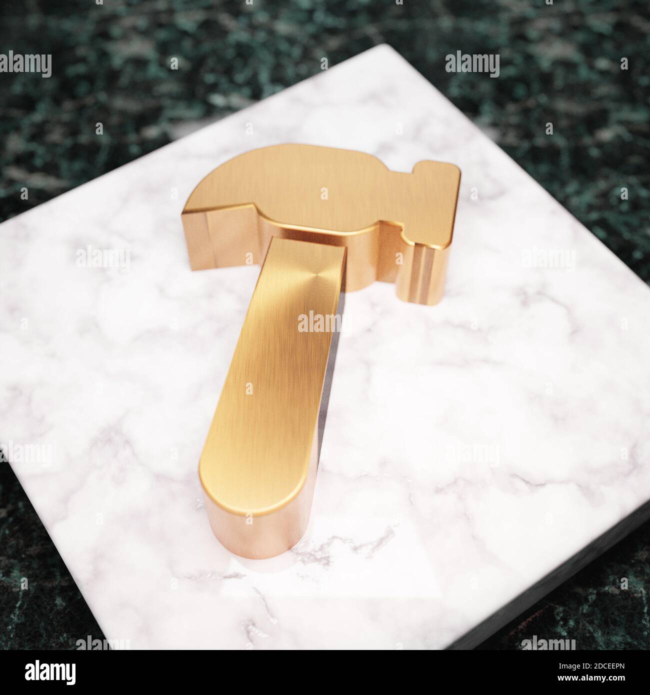 Icône marteau. Symbole marteau en bronze sur podium en marbre blanc ...