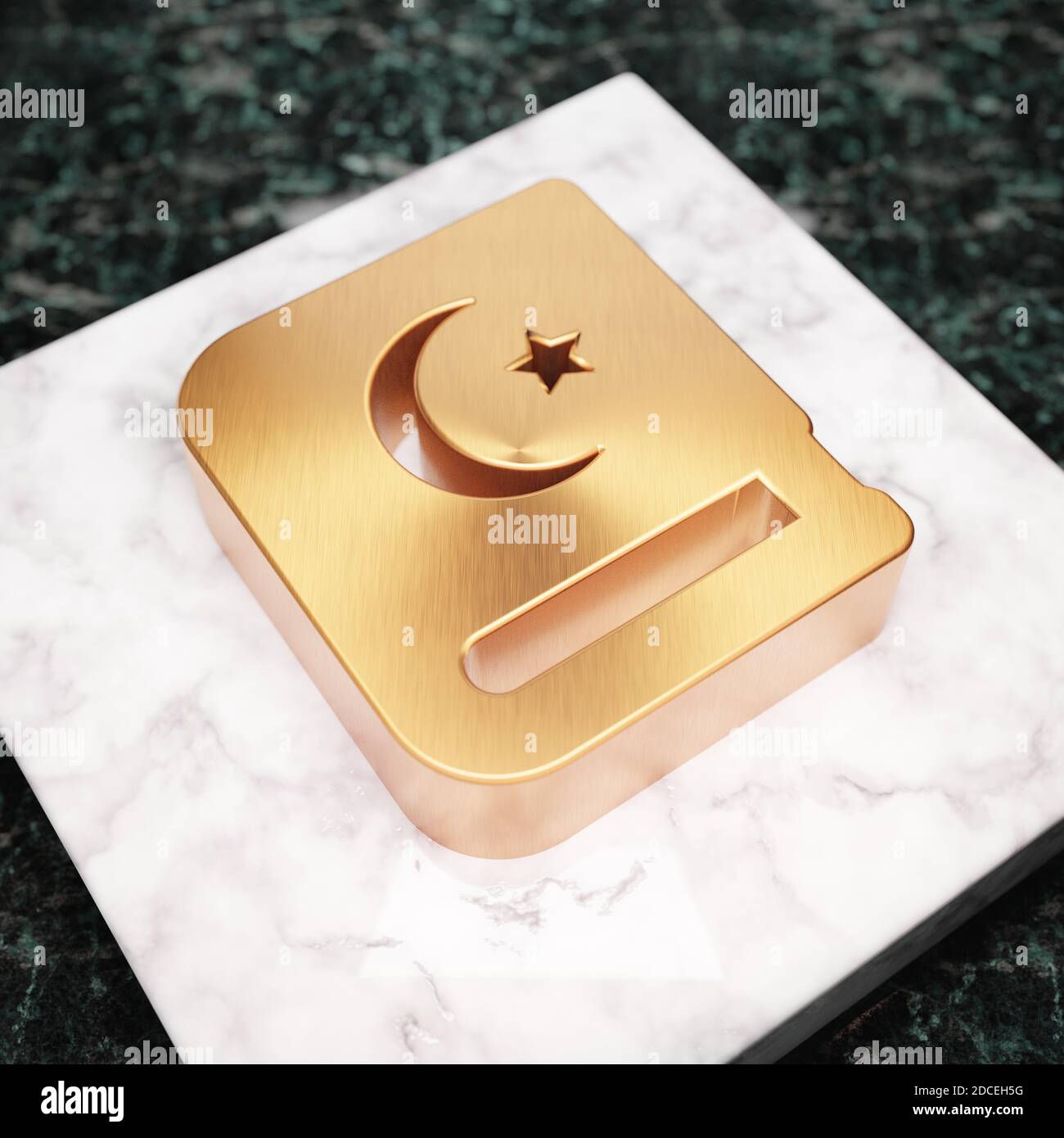 Icône Quran. Symbole Quran en bronze sur podium en marbre blanc. Icône ...
