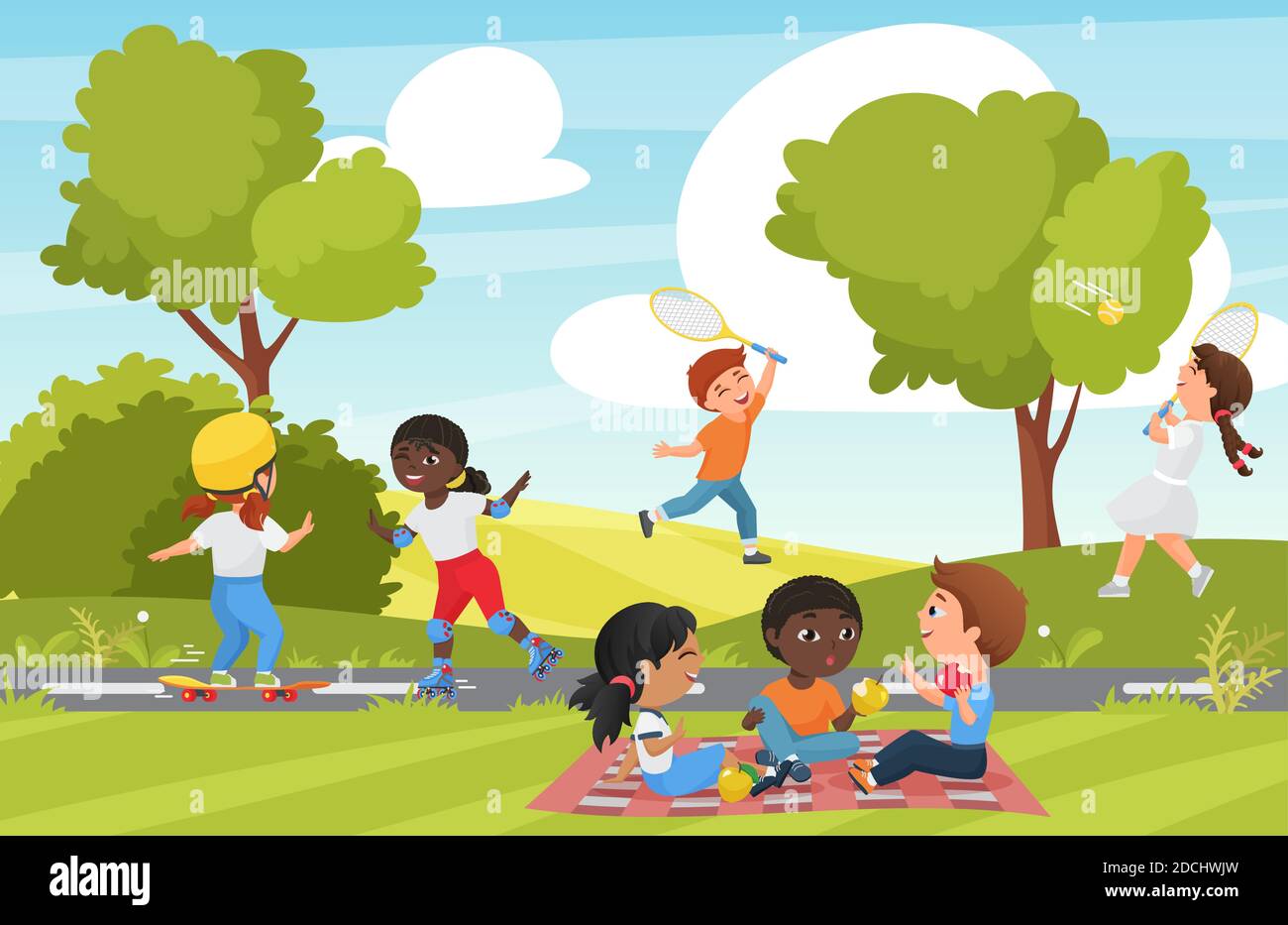 Les Enfants Jouent Dans Lillustration Vectorielle Du Parc Dété