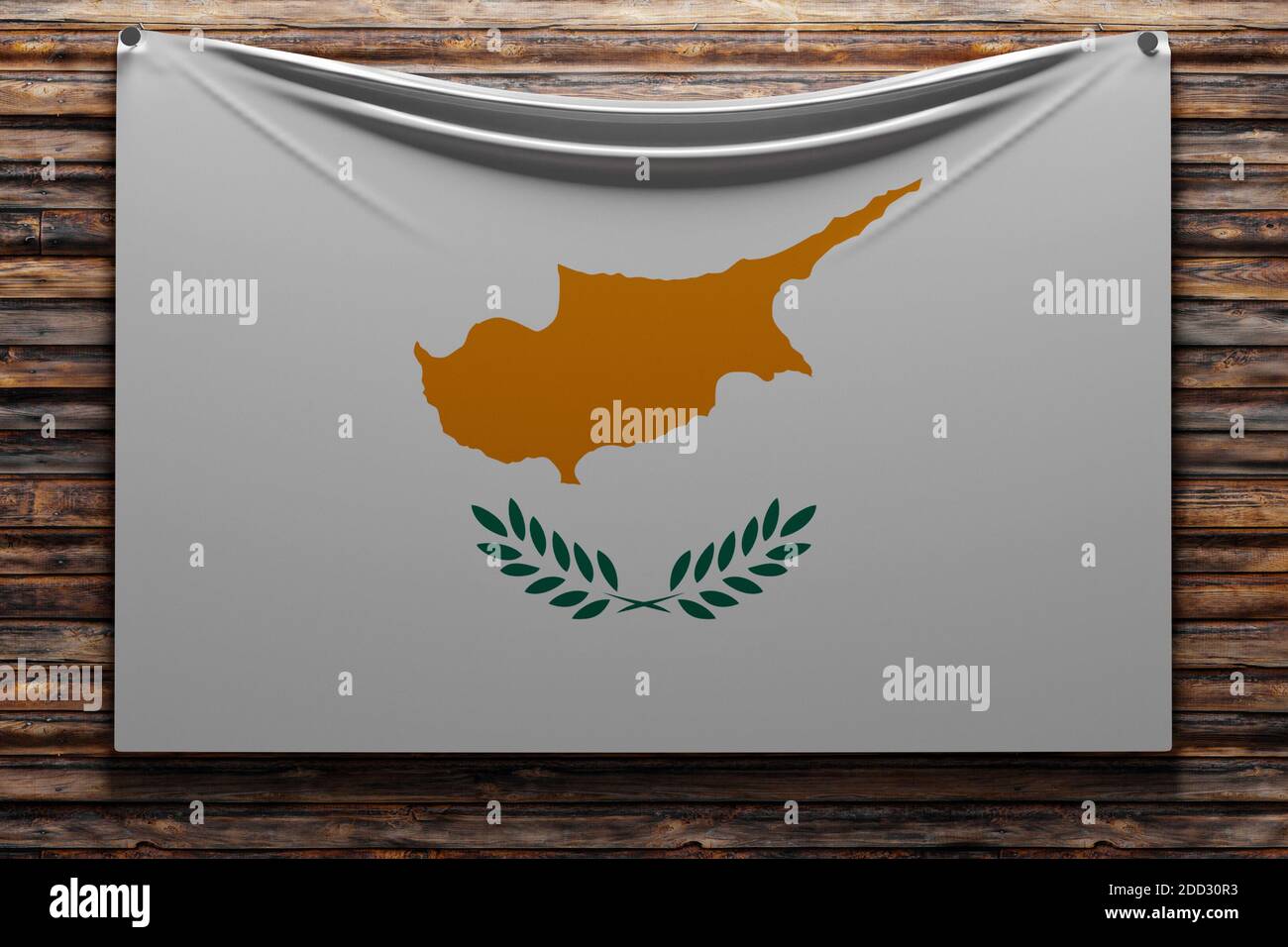 Illustration 3D du drapeau national de Chypre cloué sur un mur en bois ...