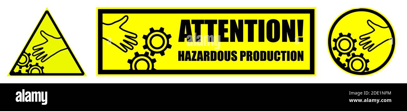 ensemble de signes de danger sur fond jaune, une main d'homme atteint ...