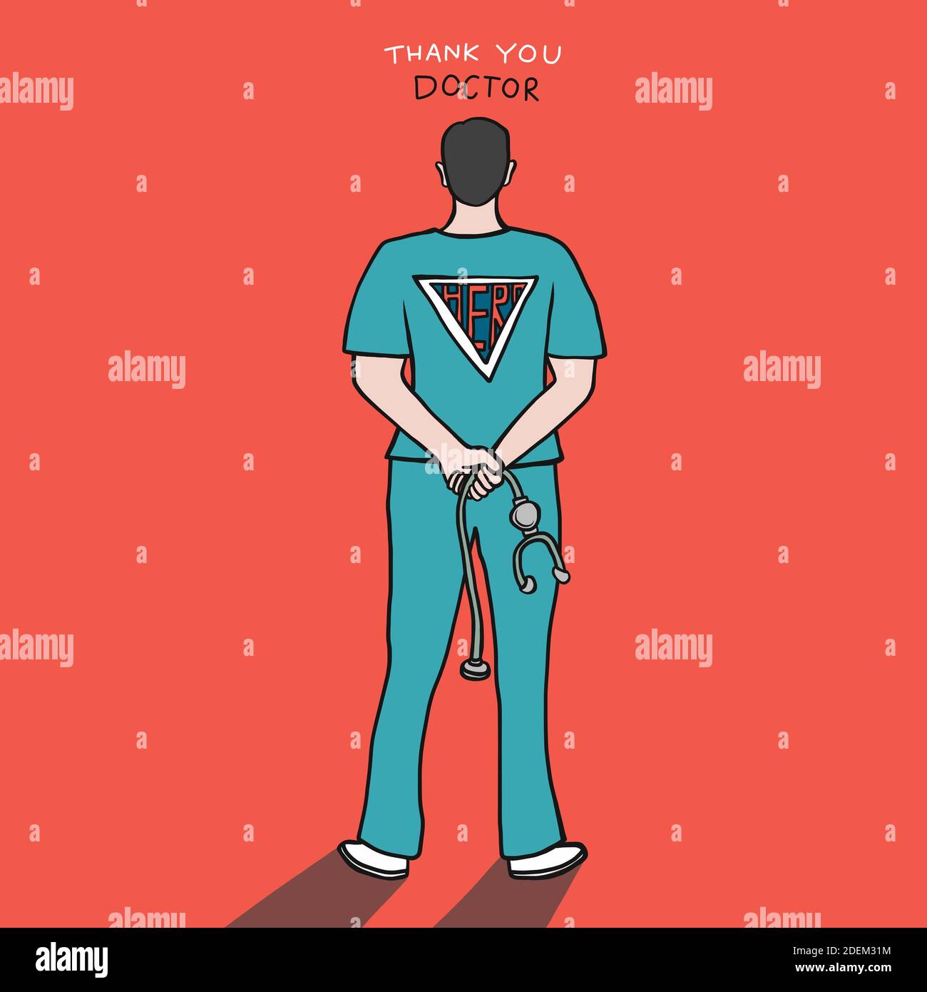 Merci Docteur, Docteur debout montre signe de héros, vue arrière dessin ...