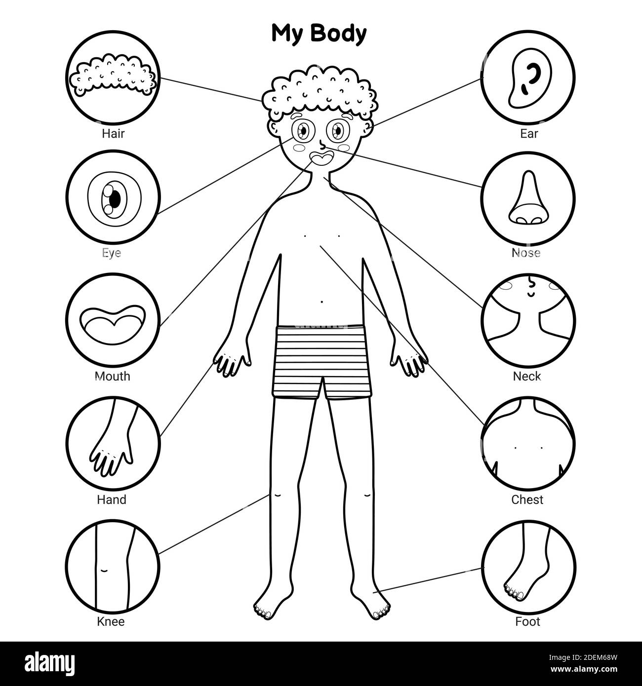 Mon corps pièces noir et blanc affiche éducative avec un garçon ...
