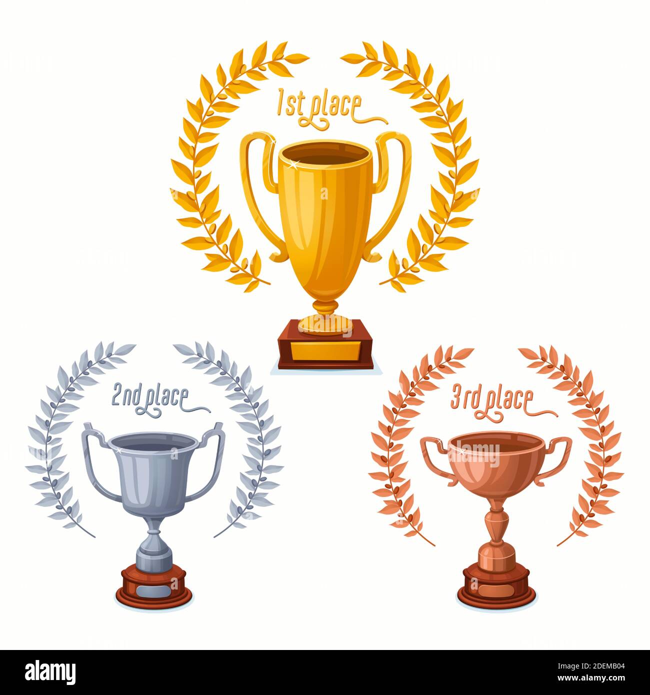 Coupes à trophées d'or, d'argent et de bronze avec couronnes de Laurier ...