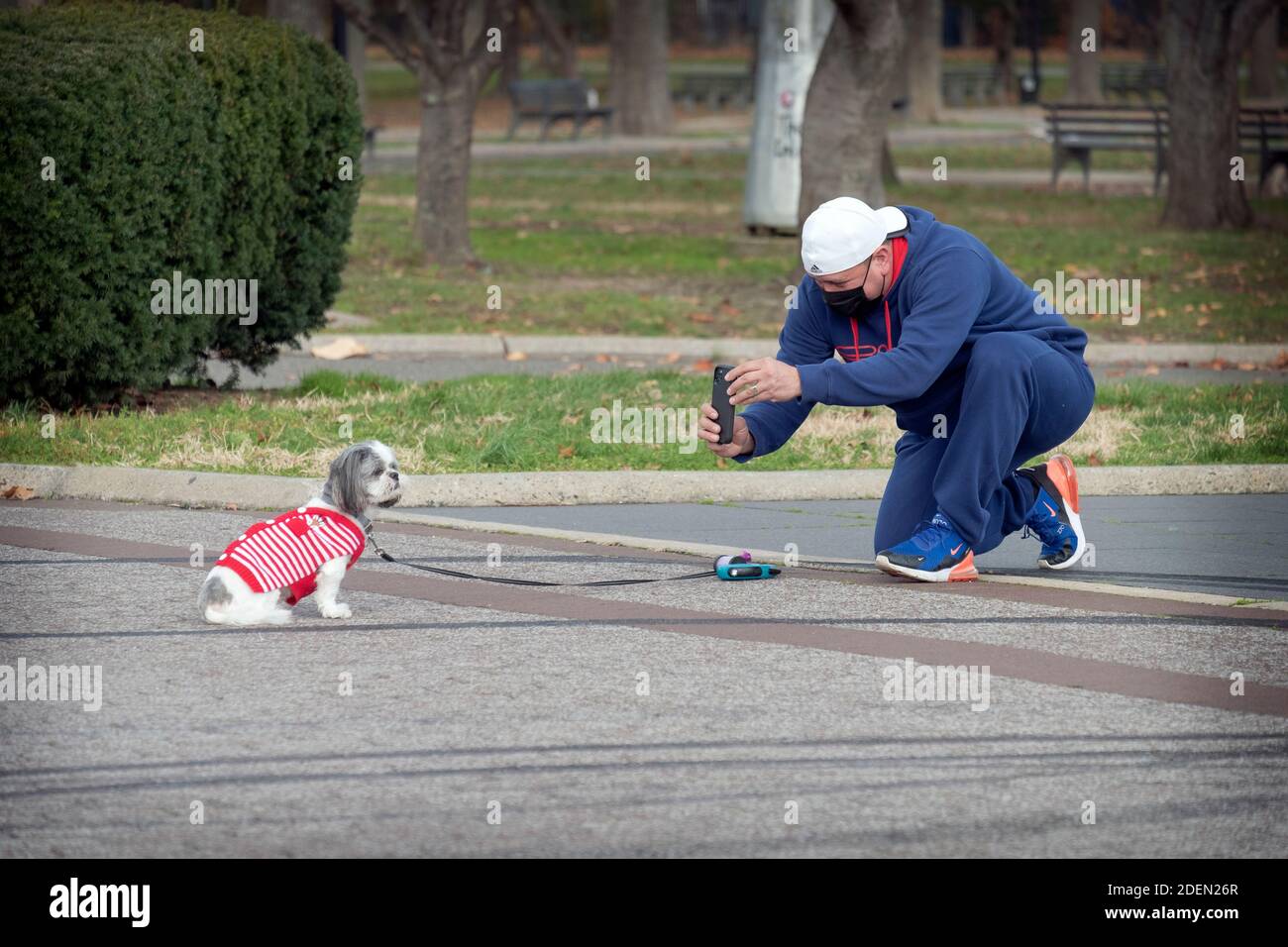 Un chien pose avec force pour son propriétaire au parc Flushing Meadows ...