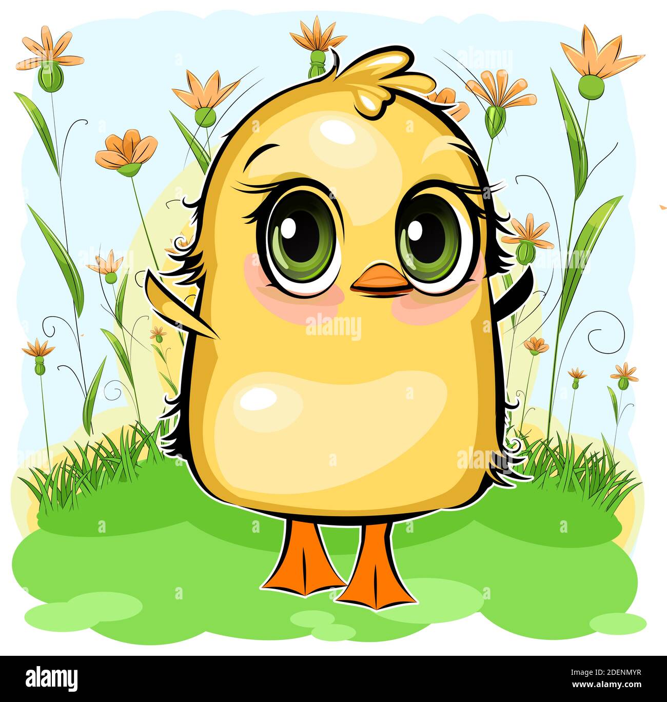 Peu de canetons. Le poussin drôle essaie de se retirer. Mignonne et ...