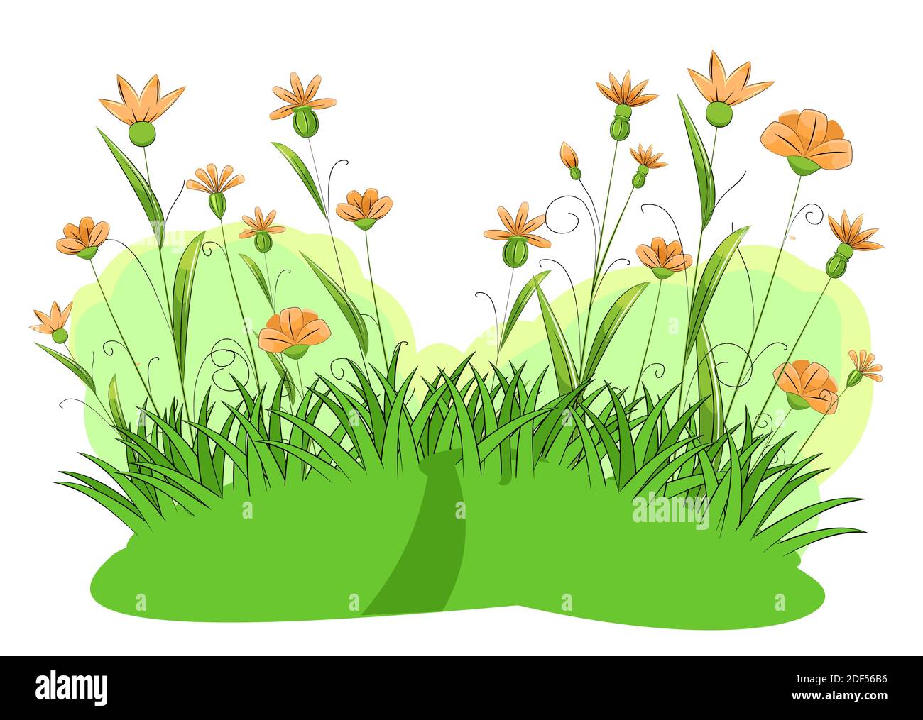 Prairie en fleurs avec herbe et fleurs. Style de dessin animé. Isolé ...