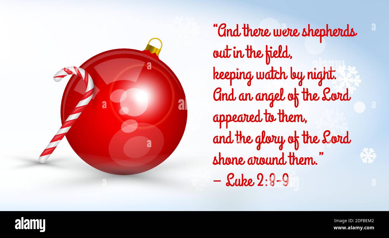 Carte de Noël avec citation de la bible. Grand boule de Noël brillante ...