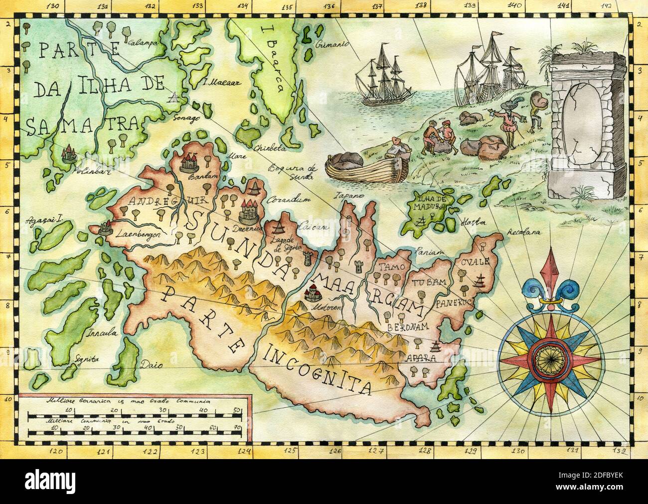 Carte des anciens pirates avec les vieux voiliers de pirates, les îles ...