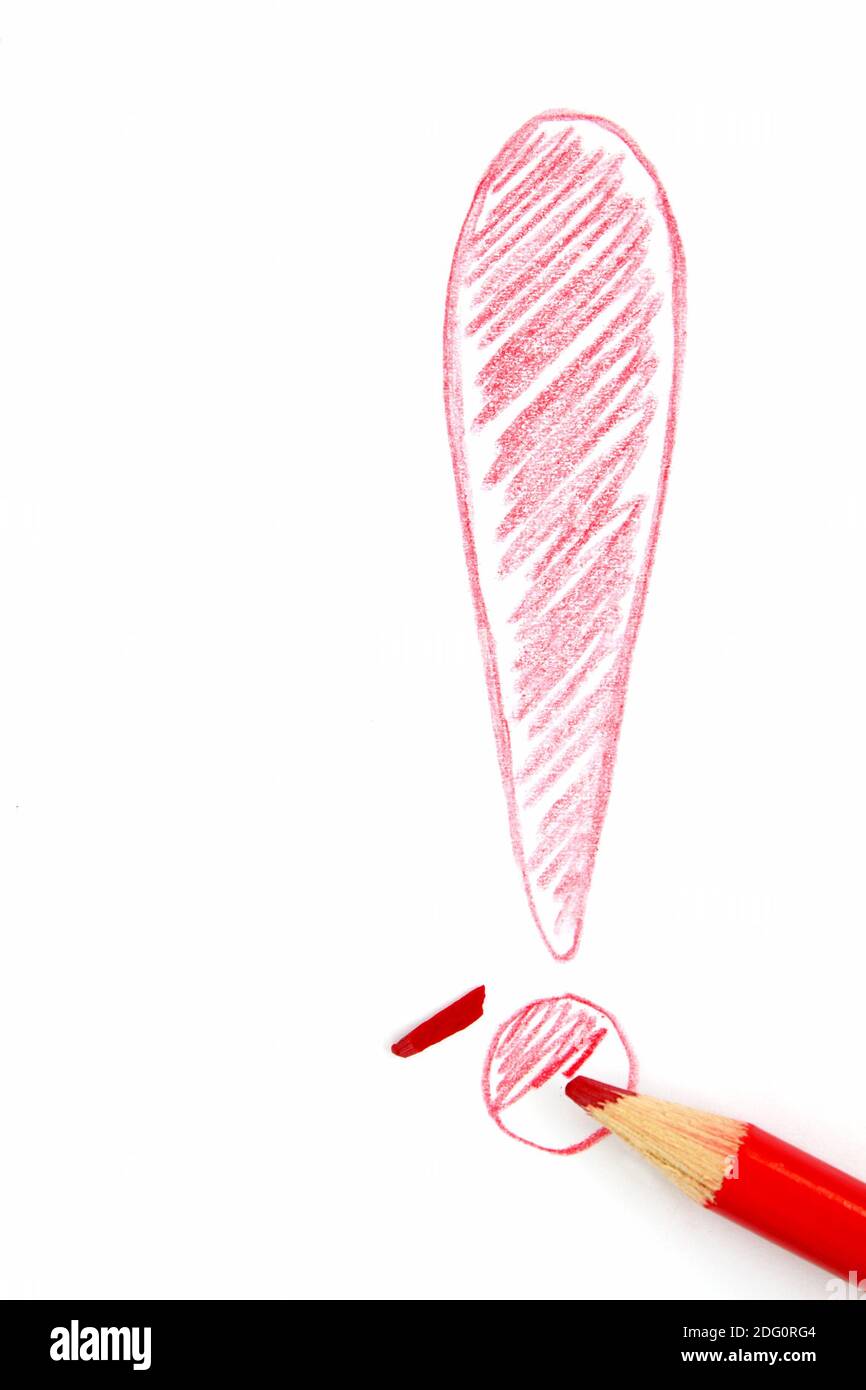 Dessin d'un point d'exclamation rouge et d'un crayon cassé Photo Stock ...