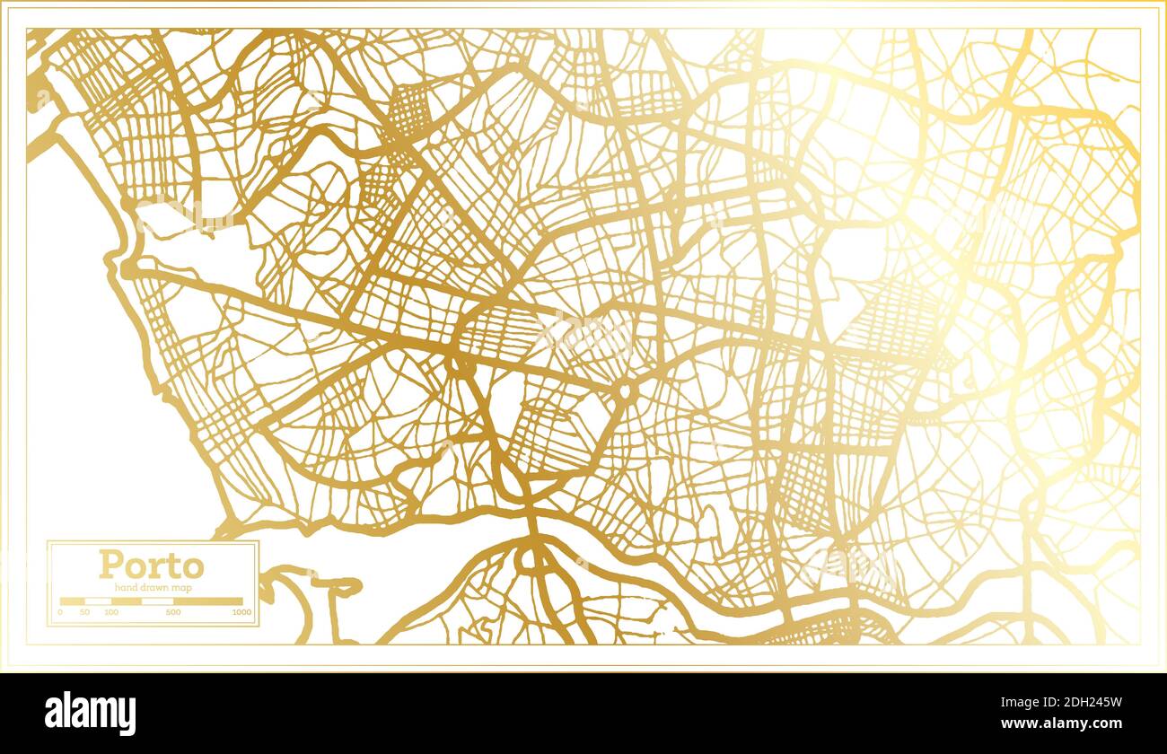 Porto Portugal carte de la ville en style rétro en couleur dorée. Carte ...