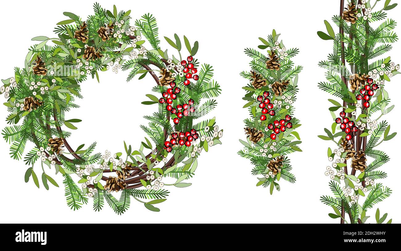 Couronne de fête à motif vectoriel avec GUI, cône, branche, houx isolée ...