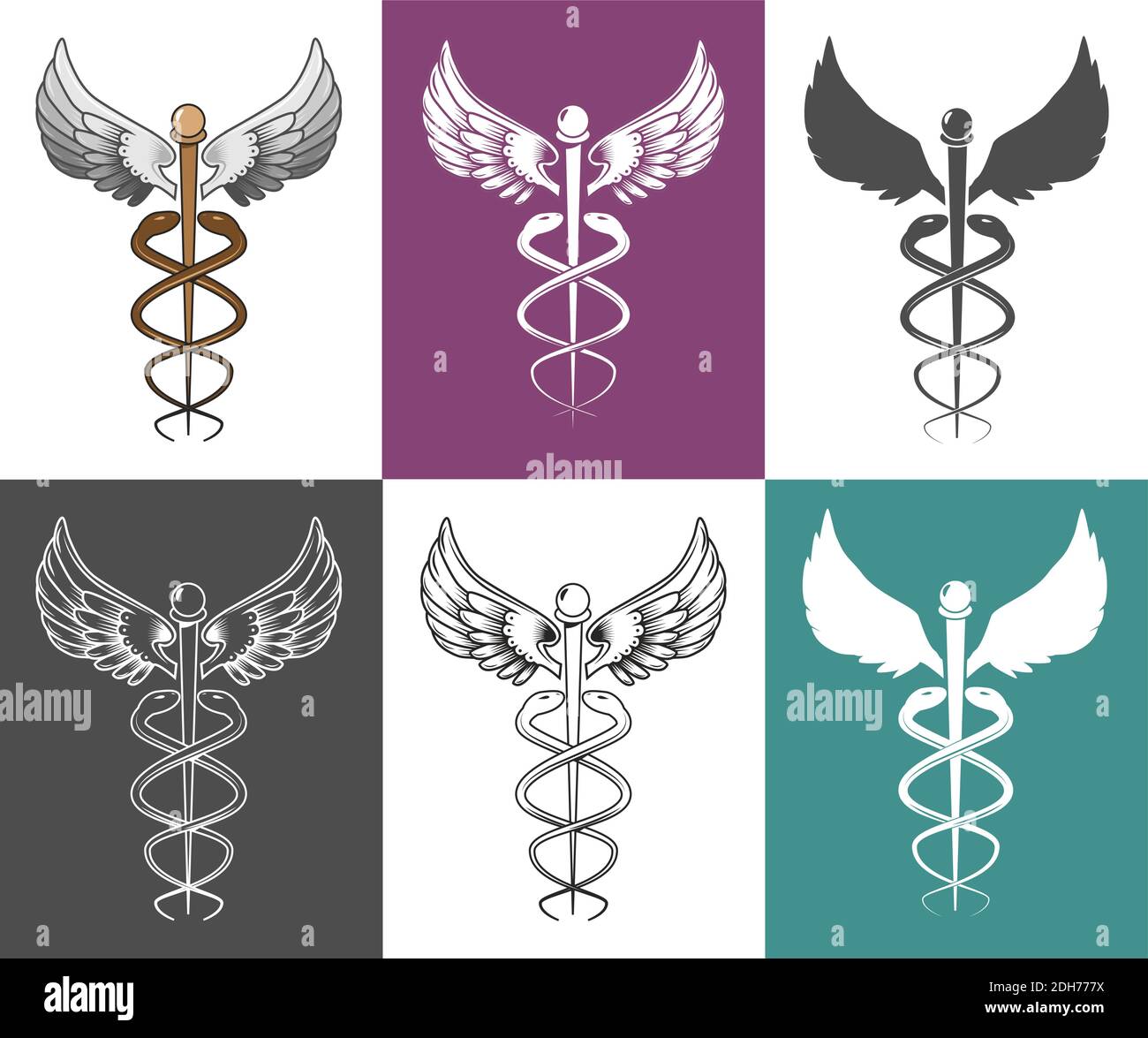 Ensemble de symboles médicaux caduceus, illustration à vecteur isolé. Deux serpents qui ...