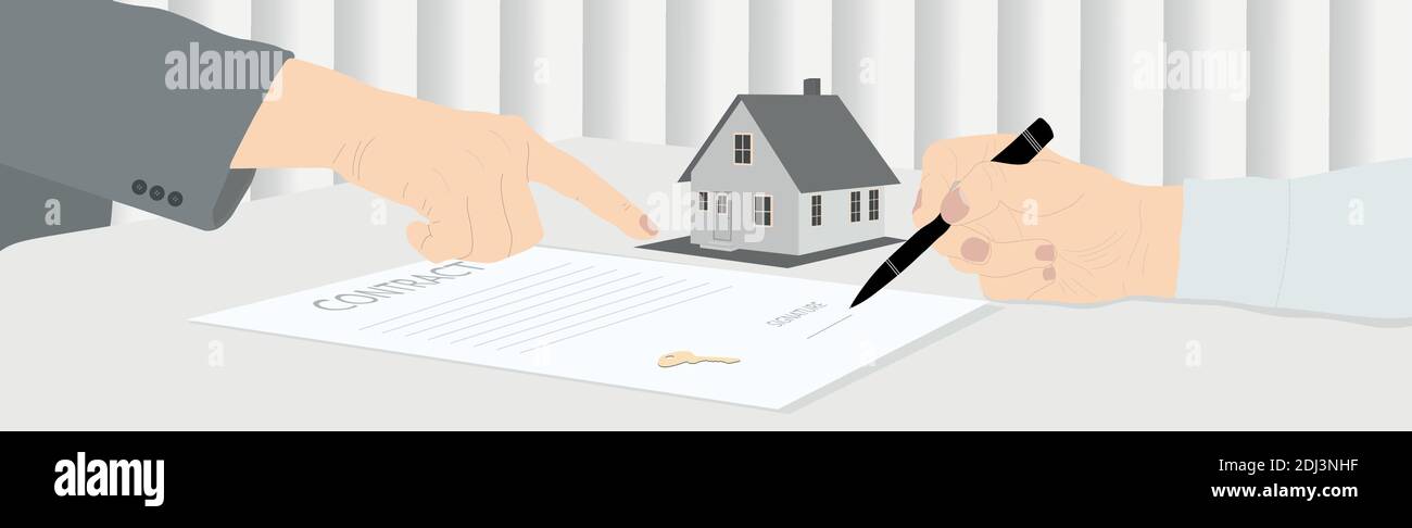 Signature d'un contrat d'achat maison, réception de clés - illustration ...