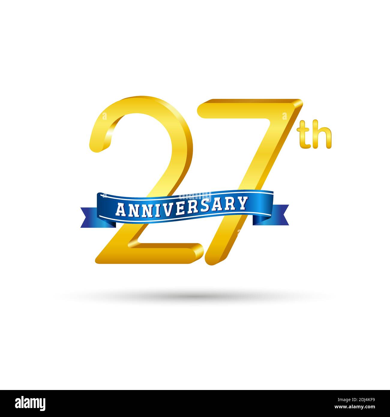 Logo 27e anniversaire doré avec ruban bleu isolé sur fond blanc. logo ...
