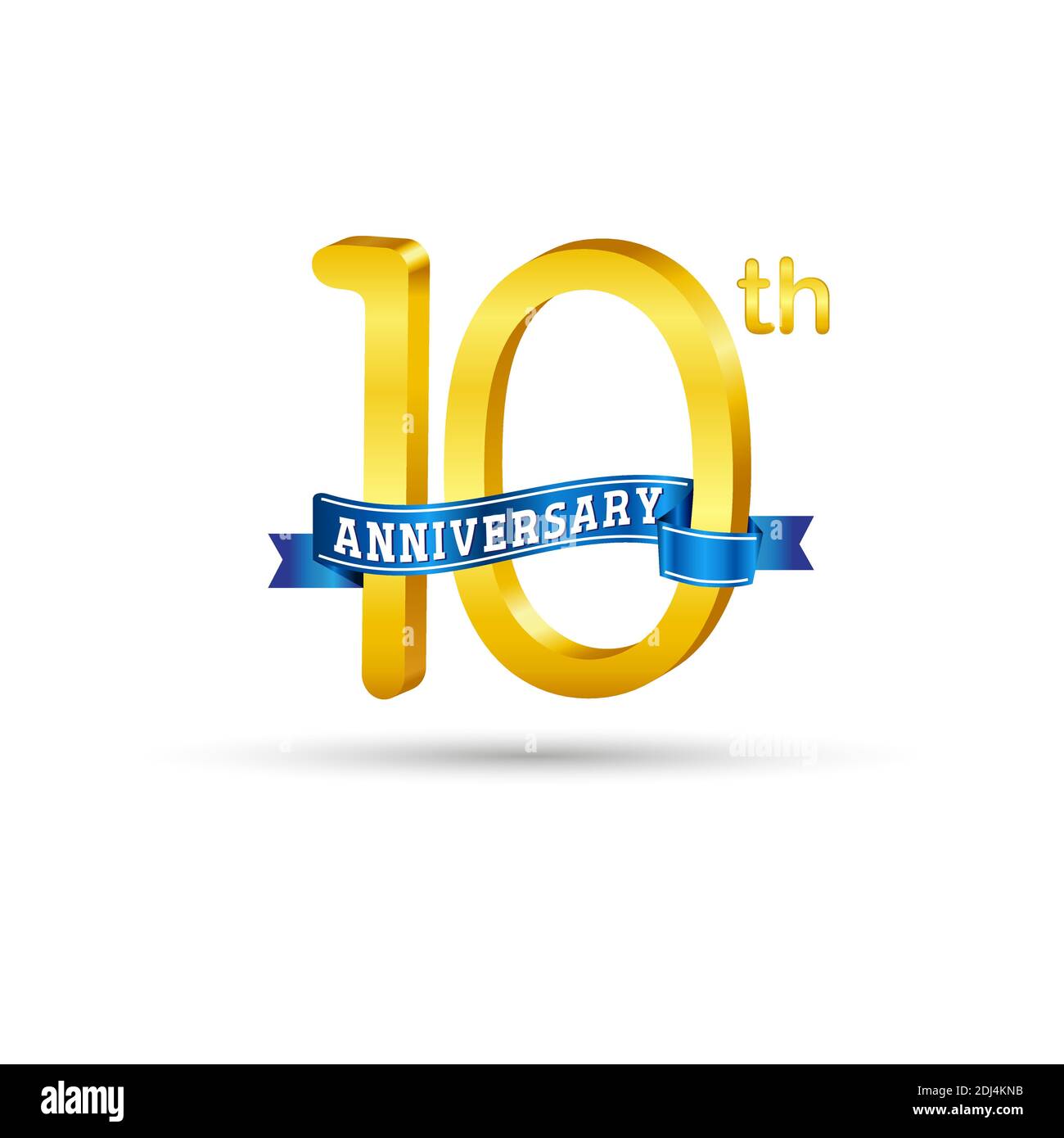 Logo du 10e anniversaire d'or avec ruban bleu isolé sur fond blanc ...