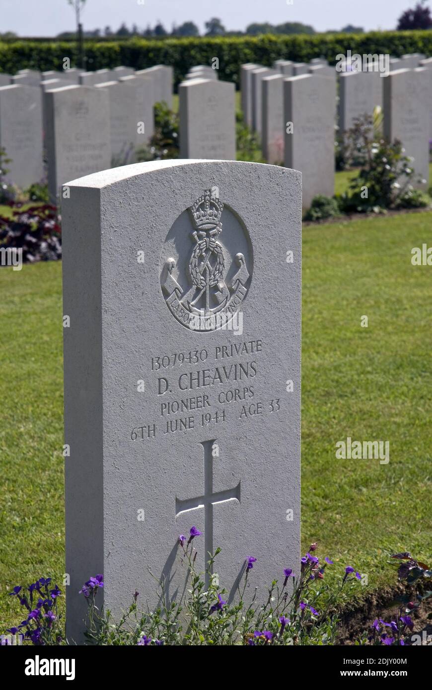 Grave of a British soldier killed on D-Day (June 6, 1944) at the Bayeux Commonwealth War Graves ...