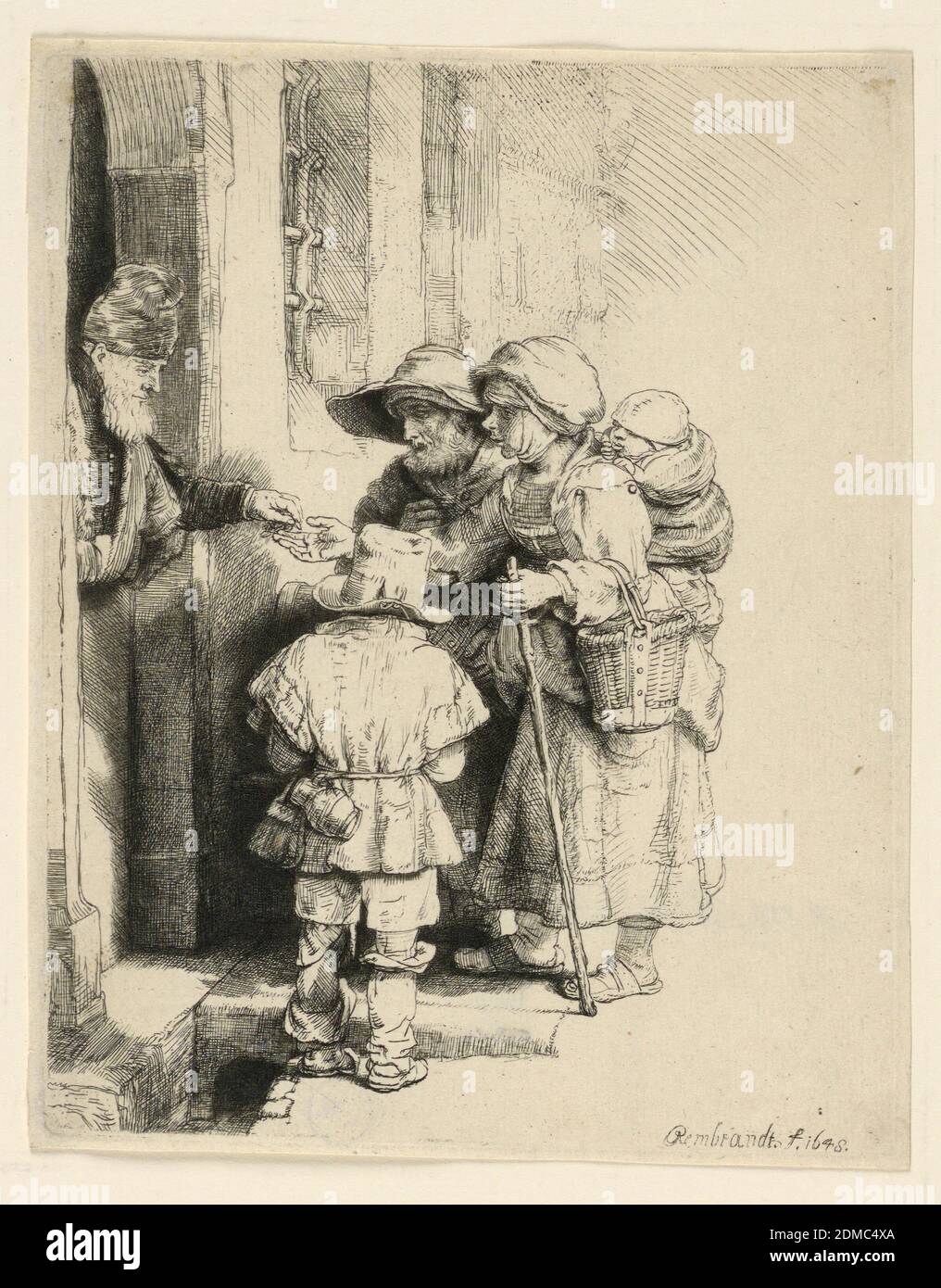 Les mendiants recevant des almes à la porte d'une maison, Rembrandt ...