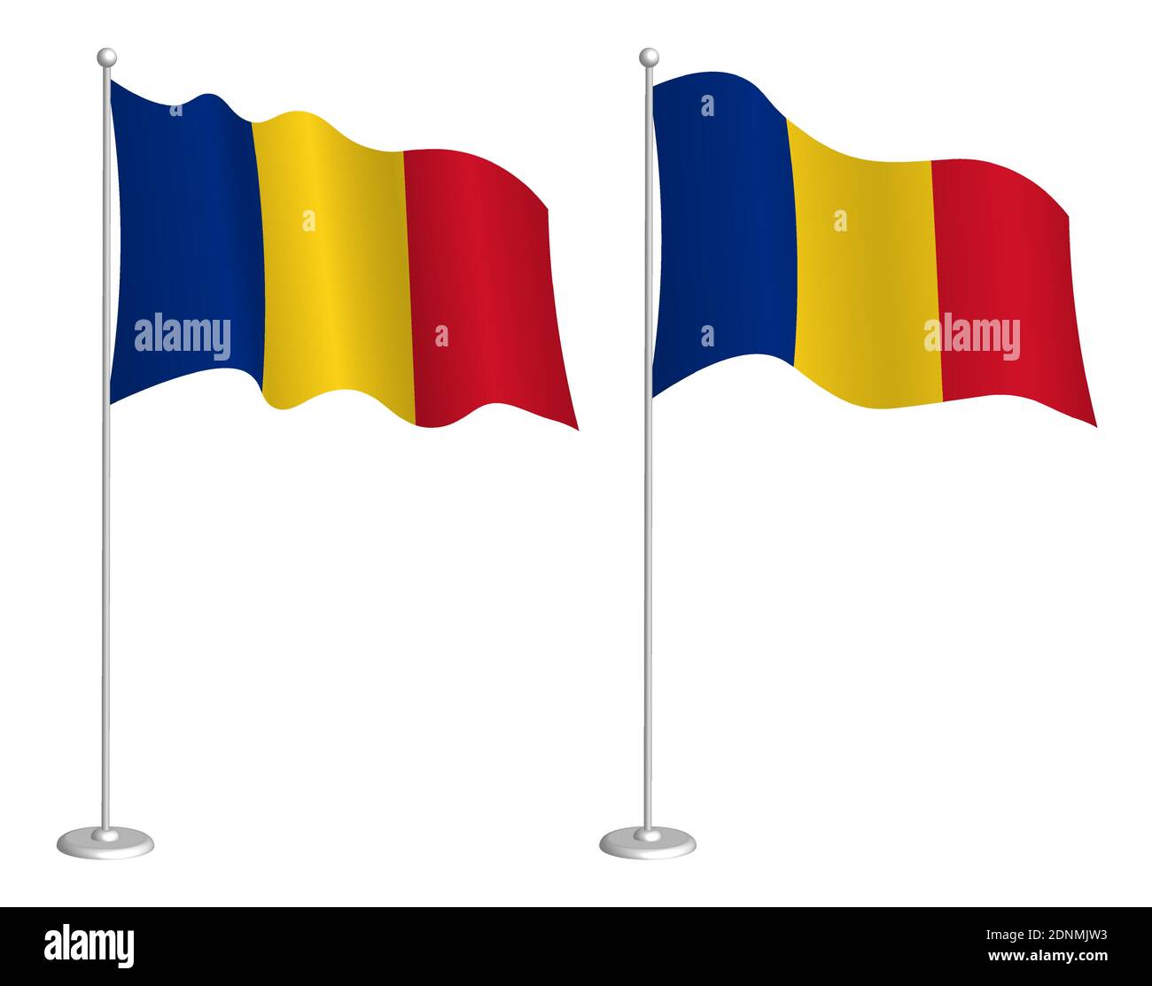 Drapeau de Roumanie sur le mât agitant dans le vent. Élément de design ...