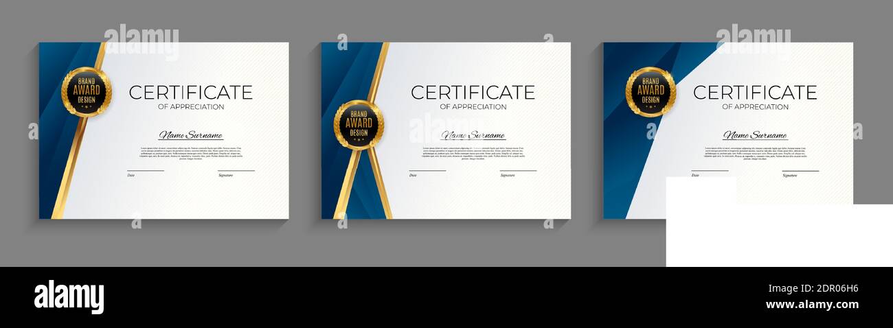 Ensemble de modèles de certificat de réussite bleu et or fond avec badge et bordure dorés ...