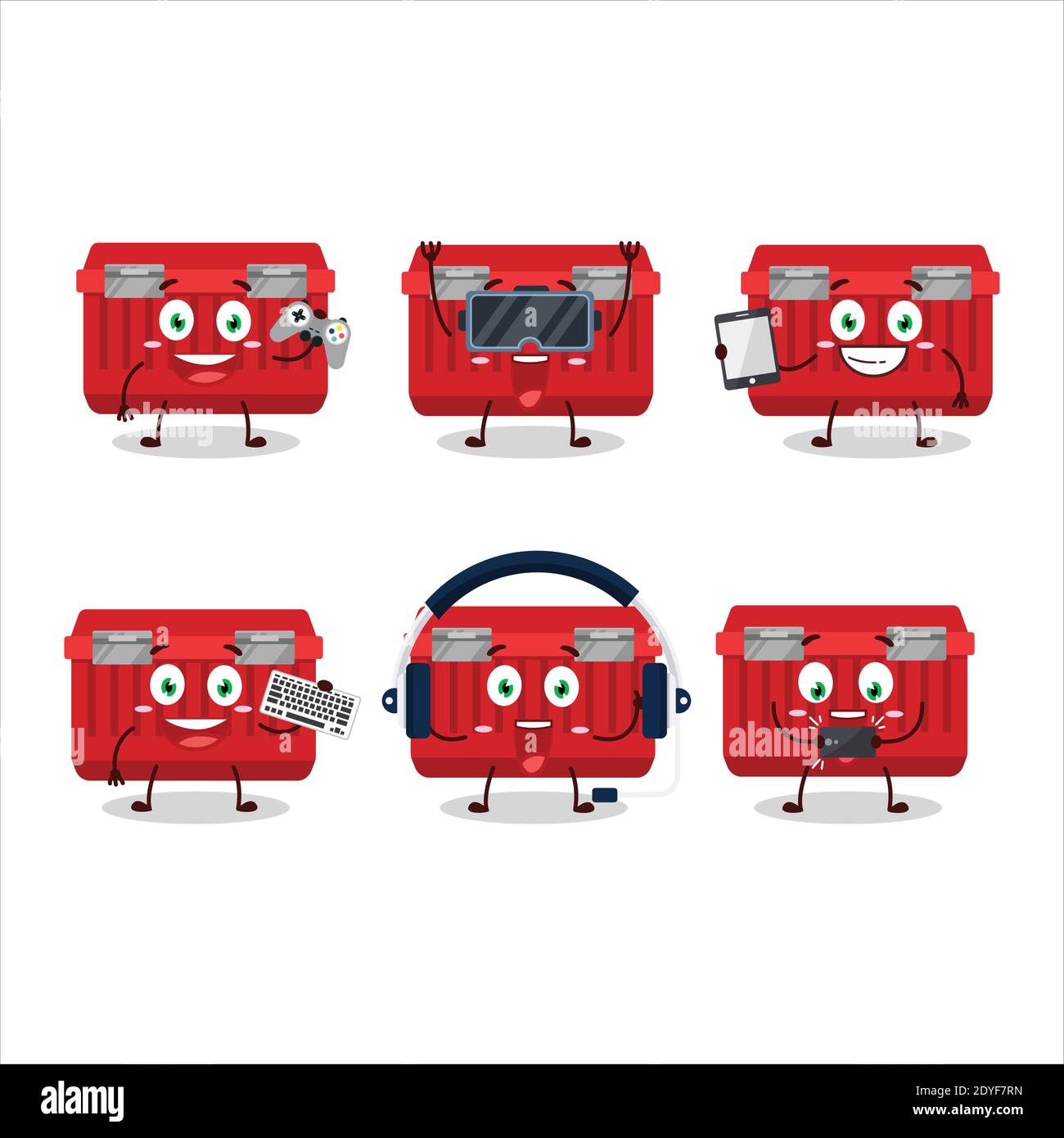 Le personnage de dessin animé de boîte à outils rouge joue à des jeux ...