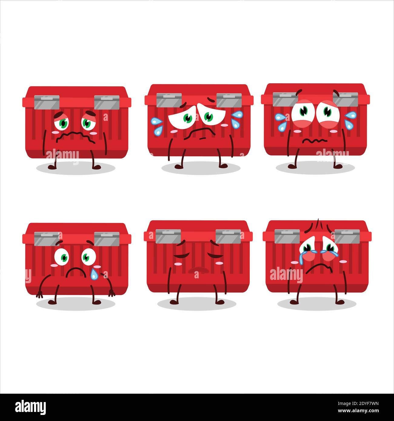 Personnage de dessin animé boîte à outils rouge avec expression triste ...