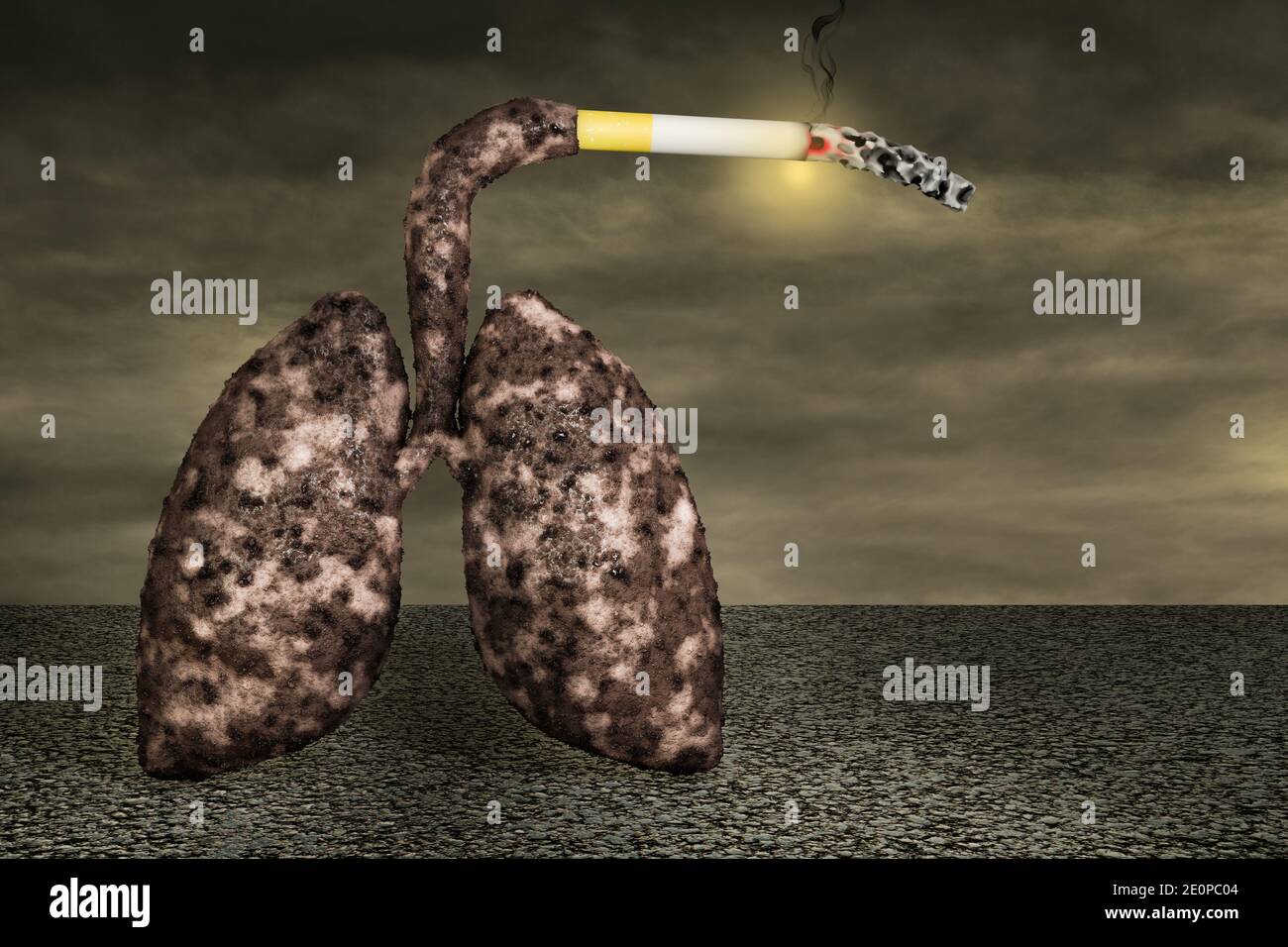 Maladies poumons fumer une cigarette sur l'asphalte dans un coucher de ...