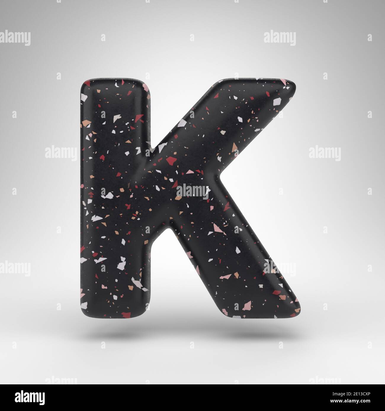Lettre K majuscule sur fond blanc. Police de rendu 3D avec texture de motif en terrazzo noir ...