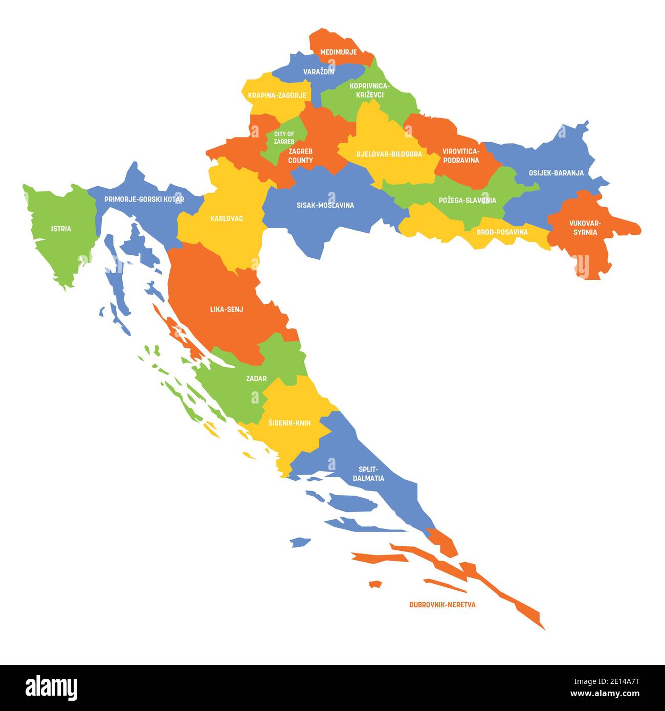 Carte politique colorée de la Croatie. Divisions administratives ...